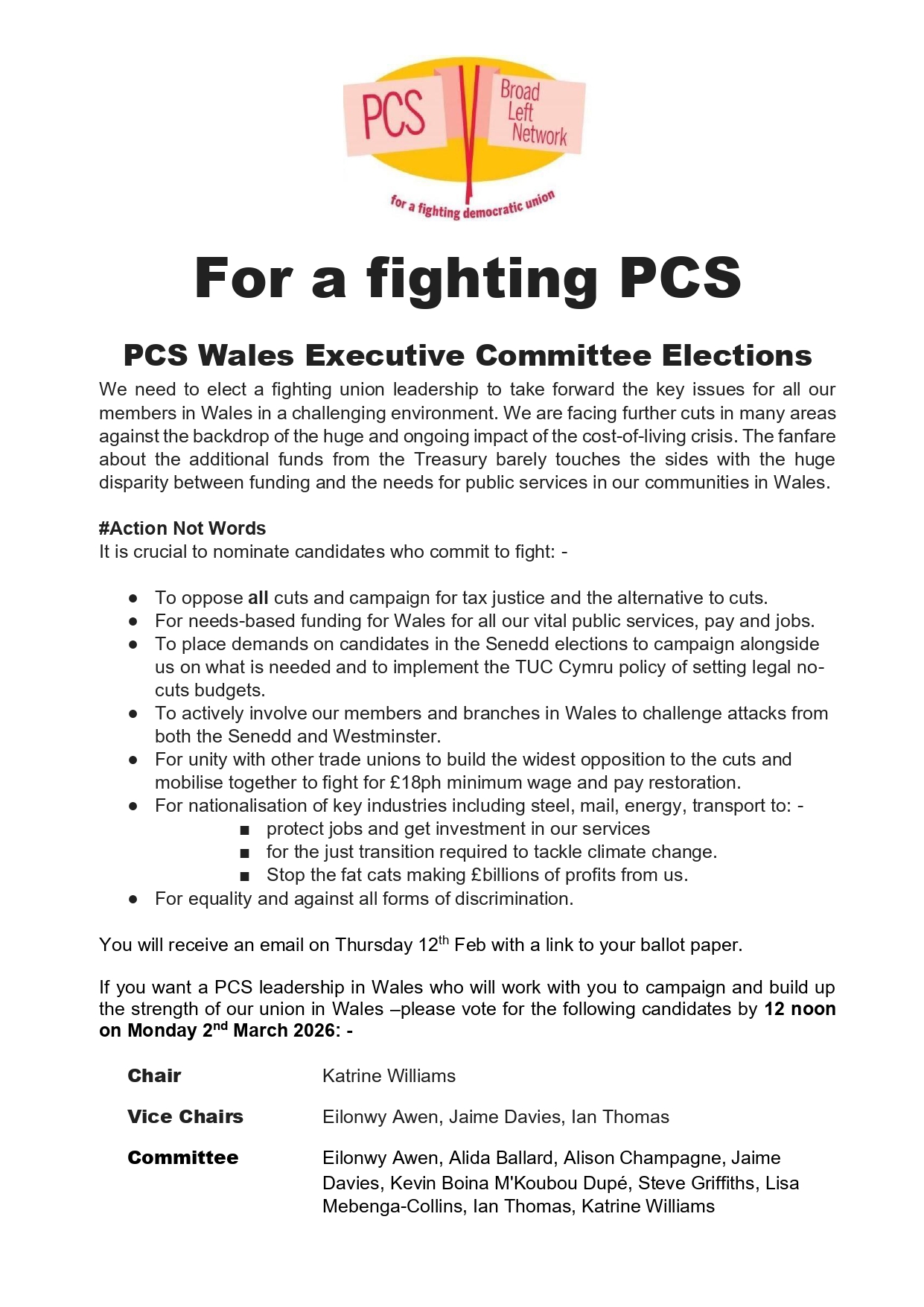 PCS Broad Left Network – For a Fighting Democratic Union